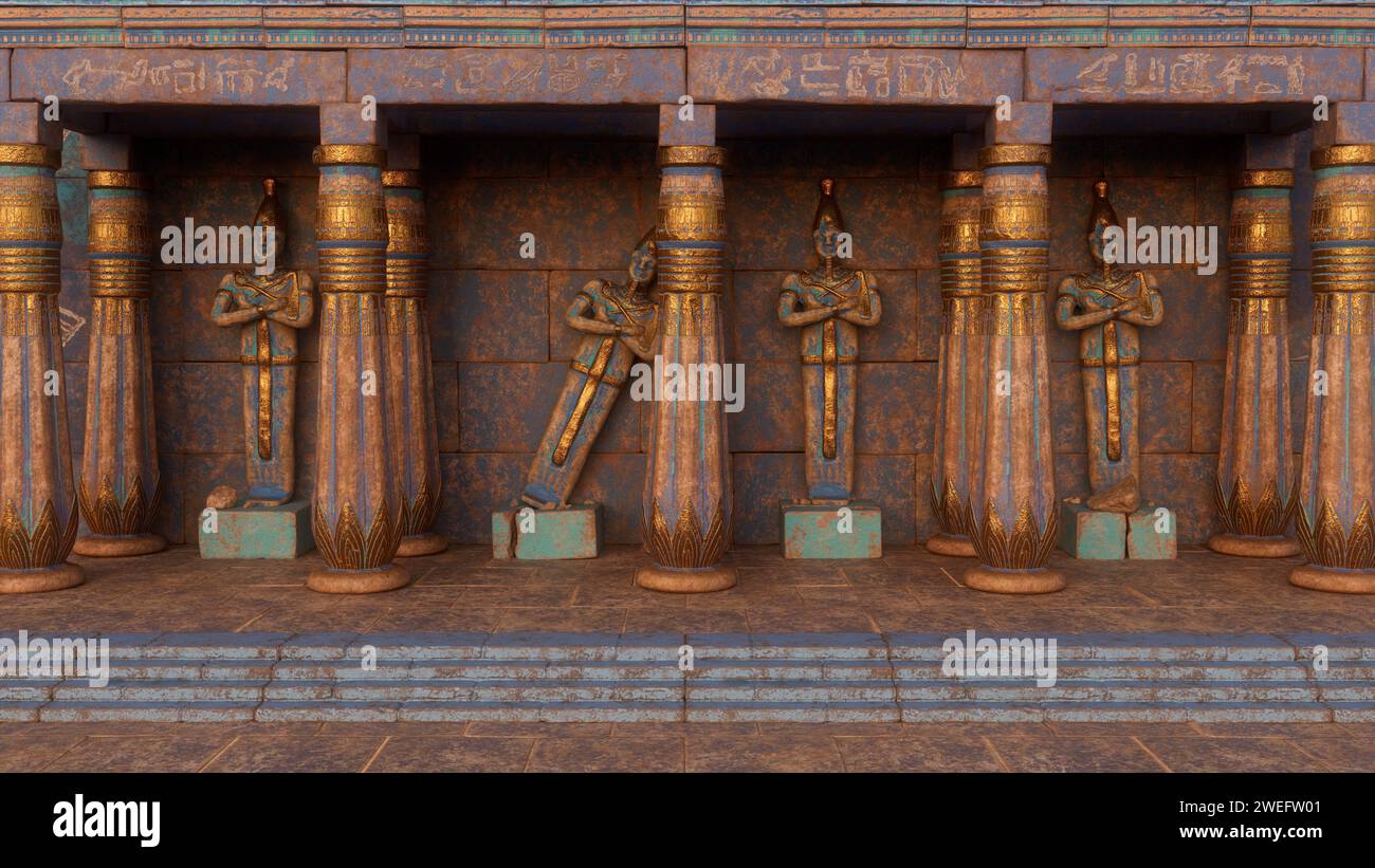 Ancient Egyptian temple ruin with statues and columns painted blue and ...