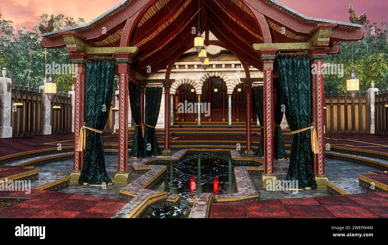 Pagoda with pool in a fanatsy ancient Asian palace garden. 3D ...