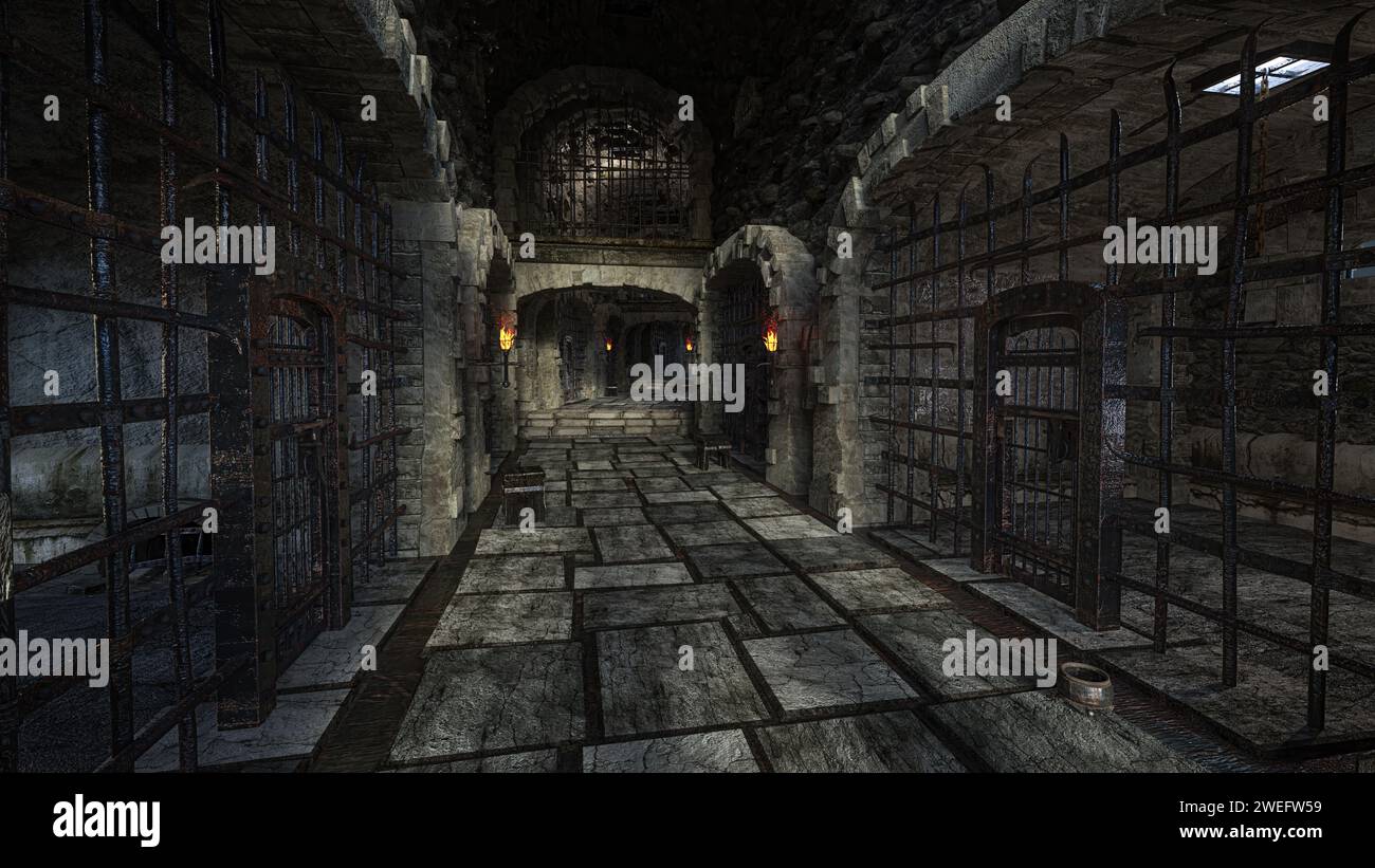 Medieval castle tunnel with dungeon cells lit by torch flame. 3D ...