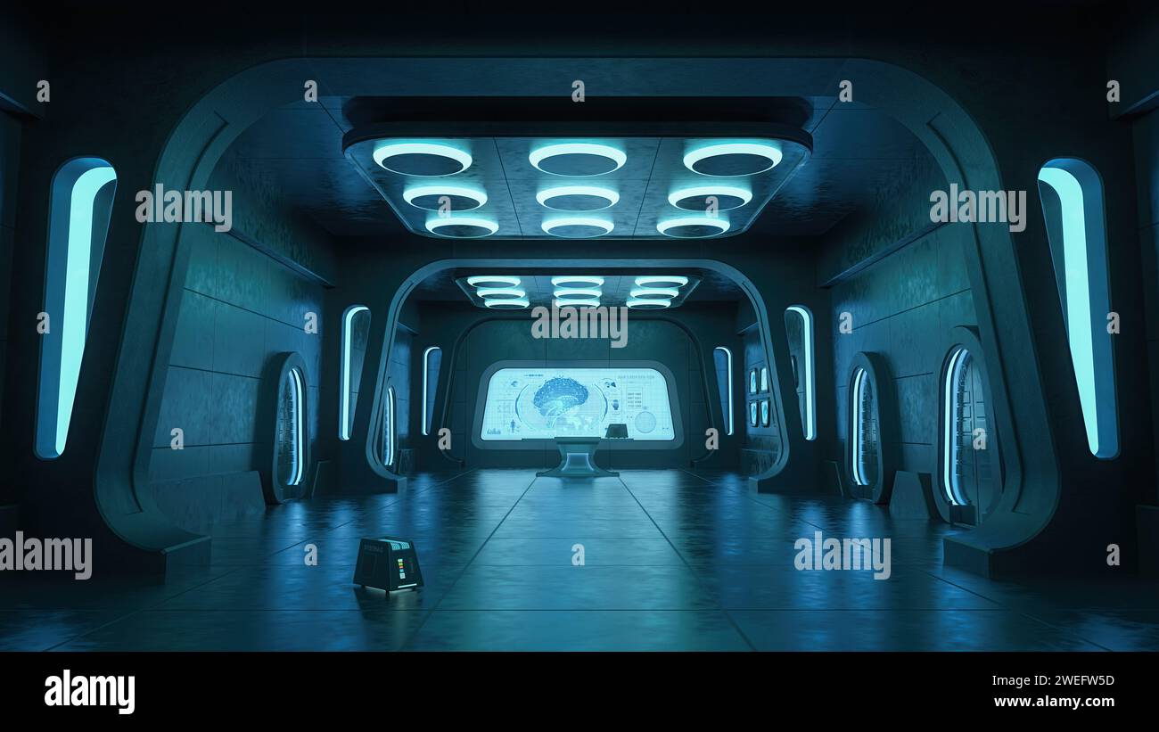 Futuristic science lab with large computer screen on the wall. 3D ...