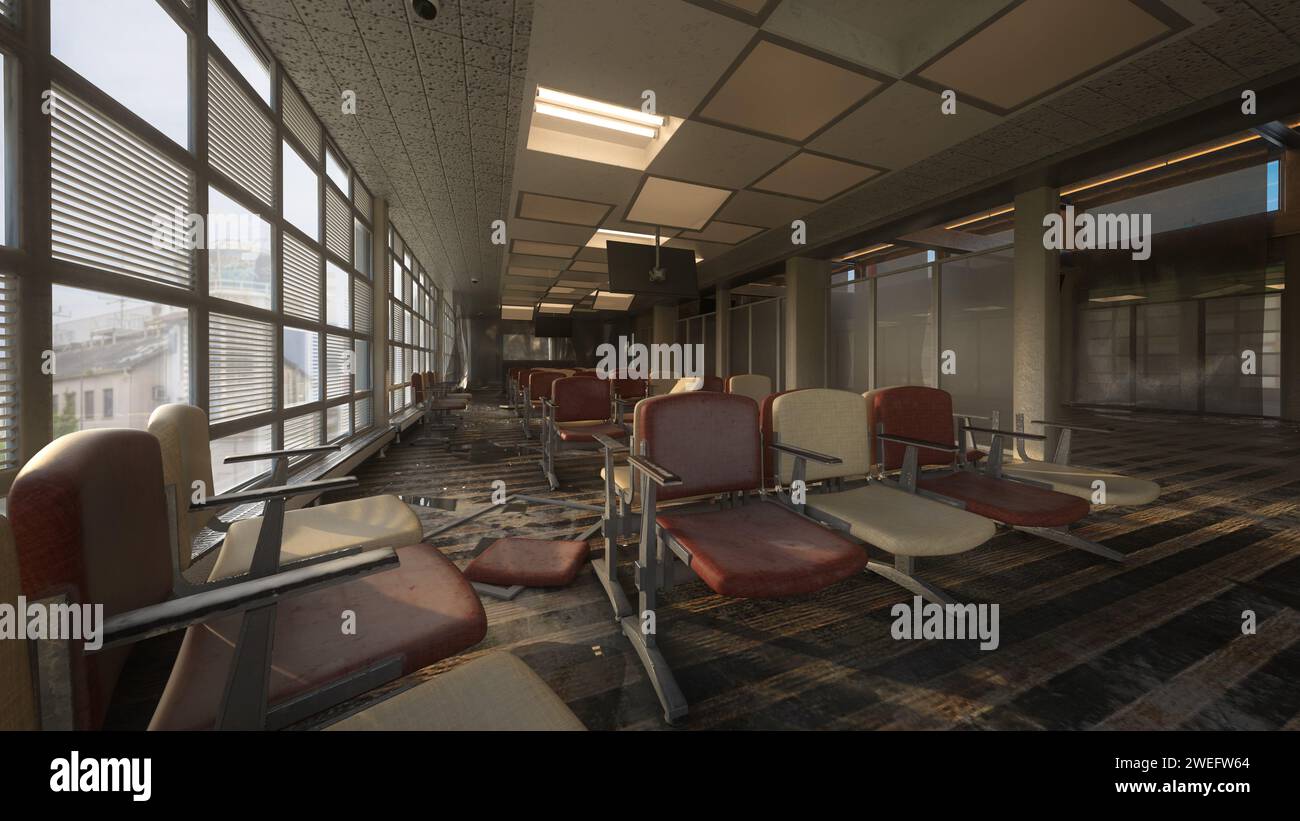 Abandoned terminal boarding gate in a post apocalyptic deserted airport ...