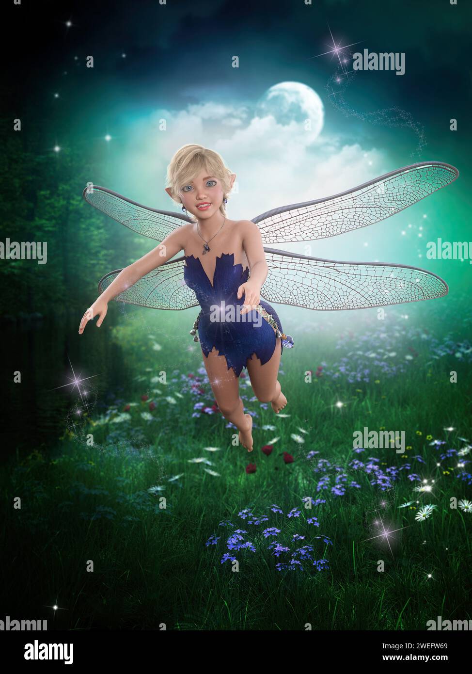 Cute fairy girl flying through and enchanted forest in the moonlight ...