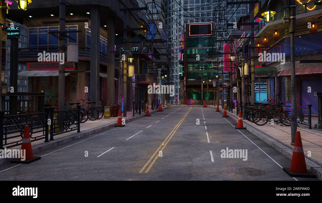 Cyberpunk city street at night. Anime background 3D rendering Stock ...