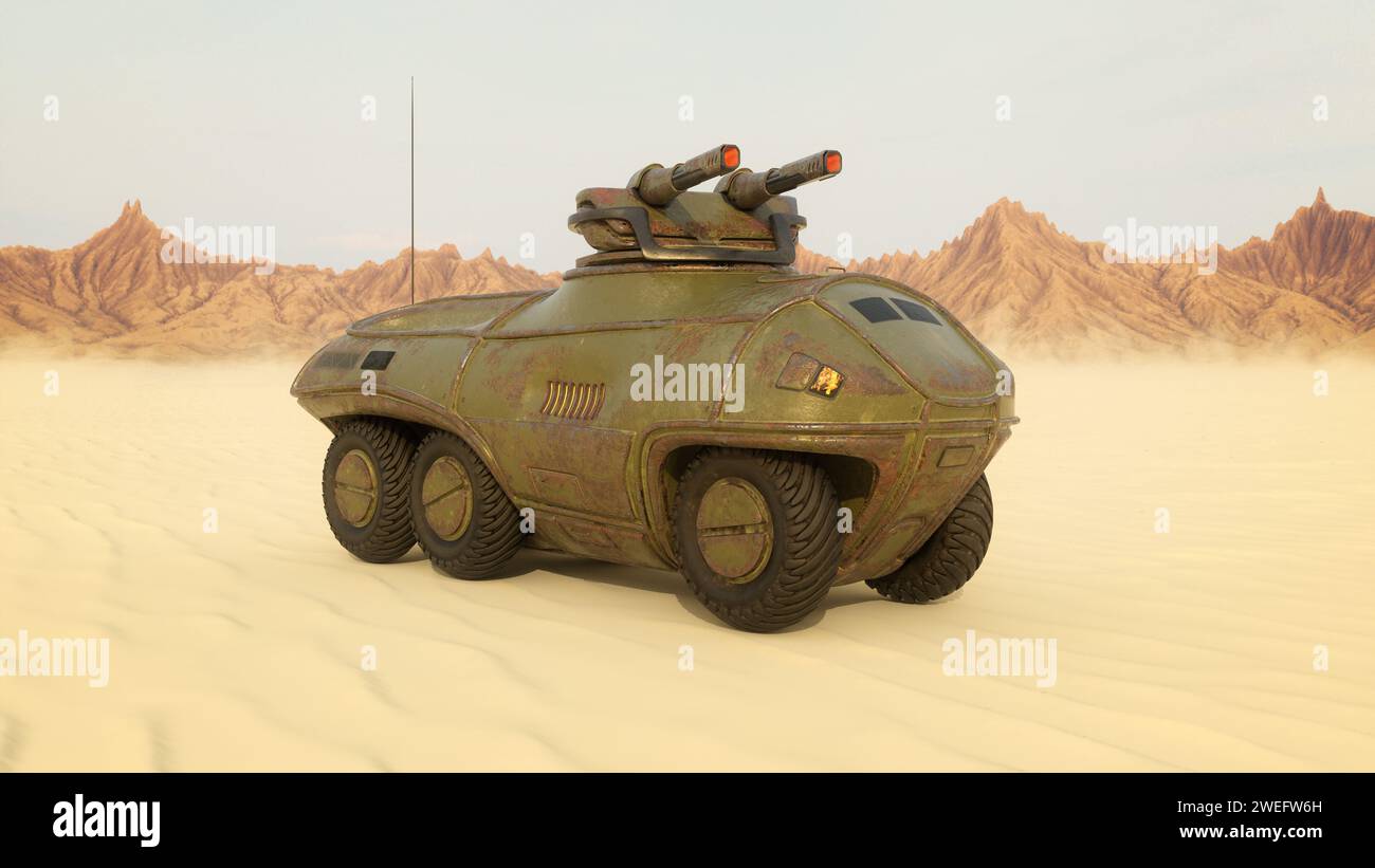 Fantasy future cyber tank in a hot desert landscape. 3D rendering Stock ...