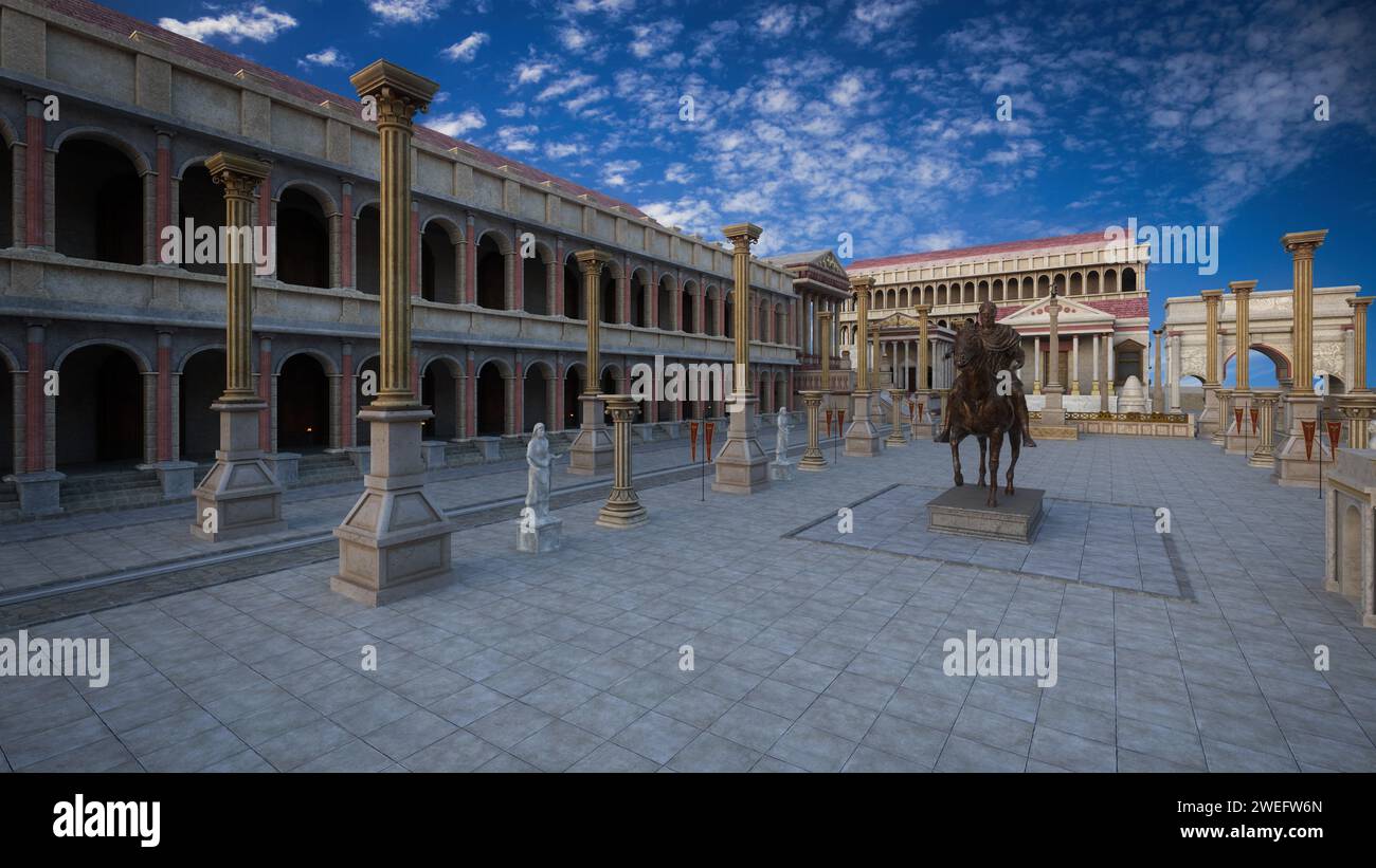 Ancient Roman forum buildings with columns and statue. 3D illustration ...
