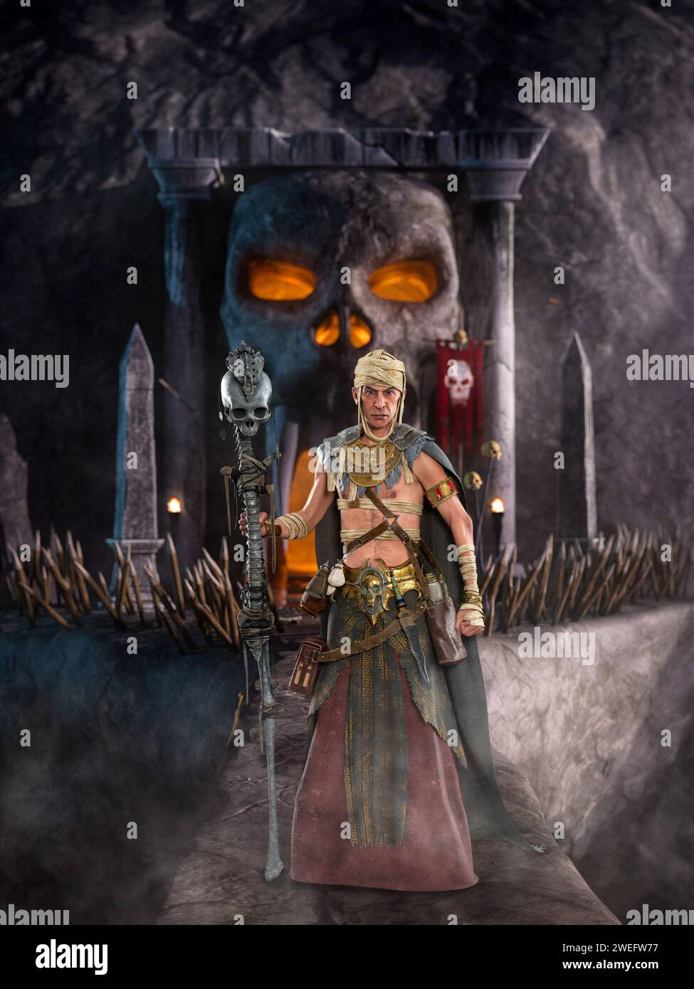 Fantasy necromancer or black magic sorcerer standing on a stone bridge ...