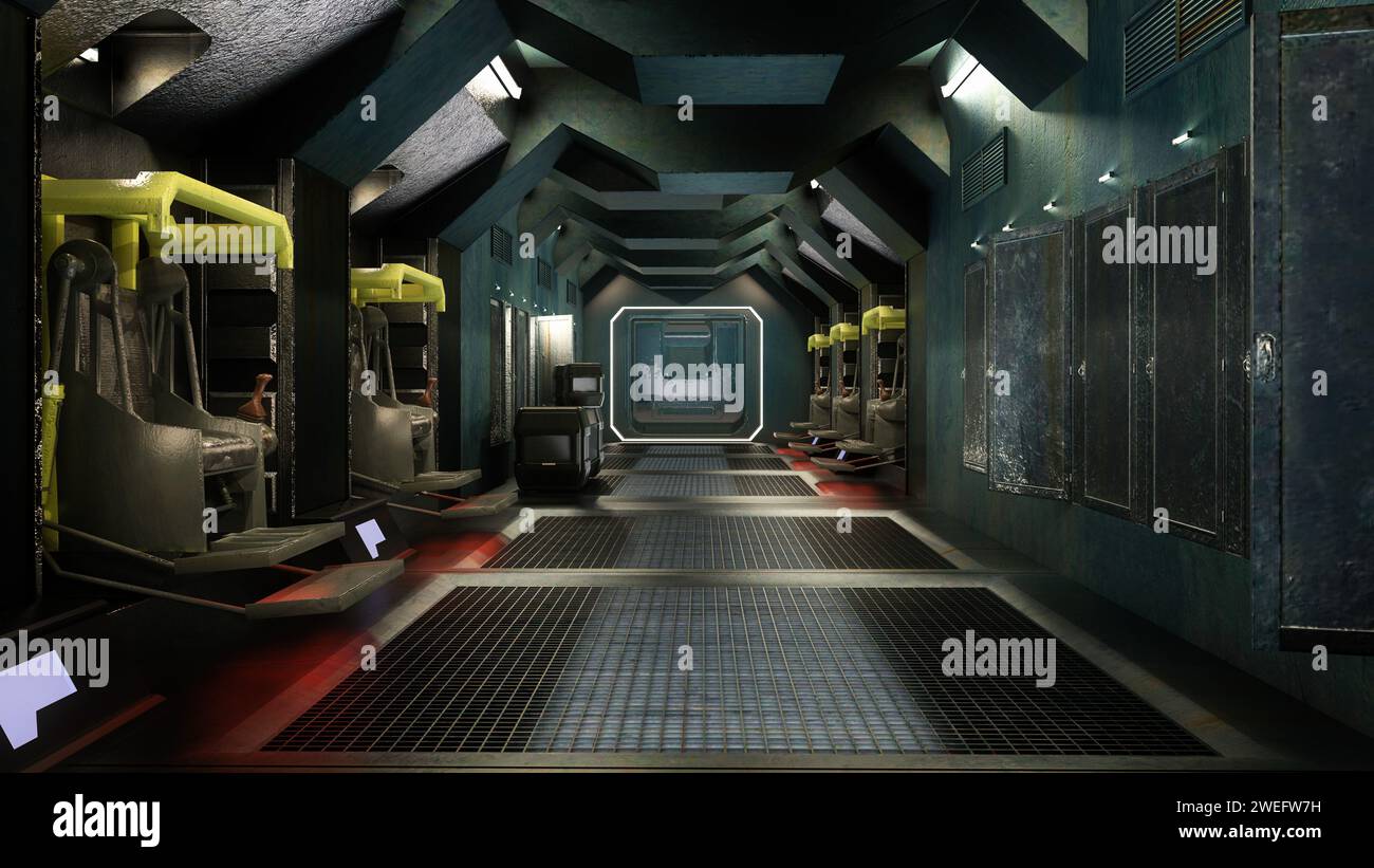 Dark moody futuristic science fiction fantasy space ship interior. 3D ...