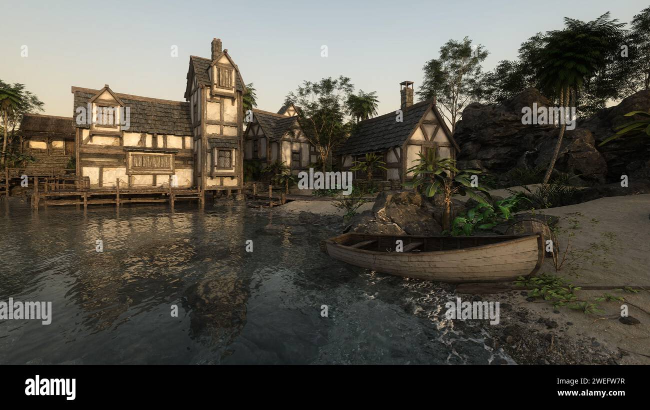 Rowing boat in a small port at an old medieval seaside town. 3D ...