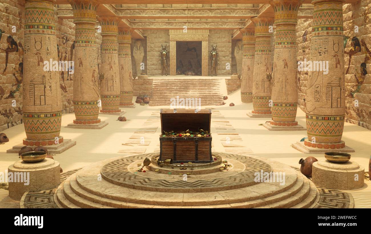 Open wooden chest with ancient Egyptian treasure in an old temple ruin ...