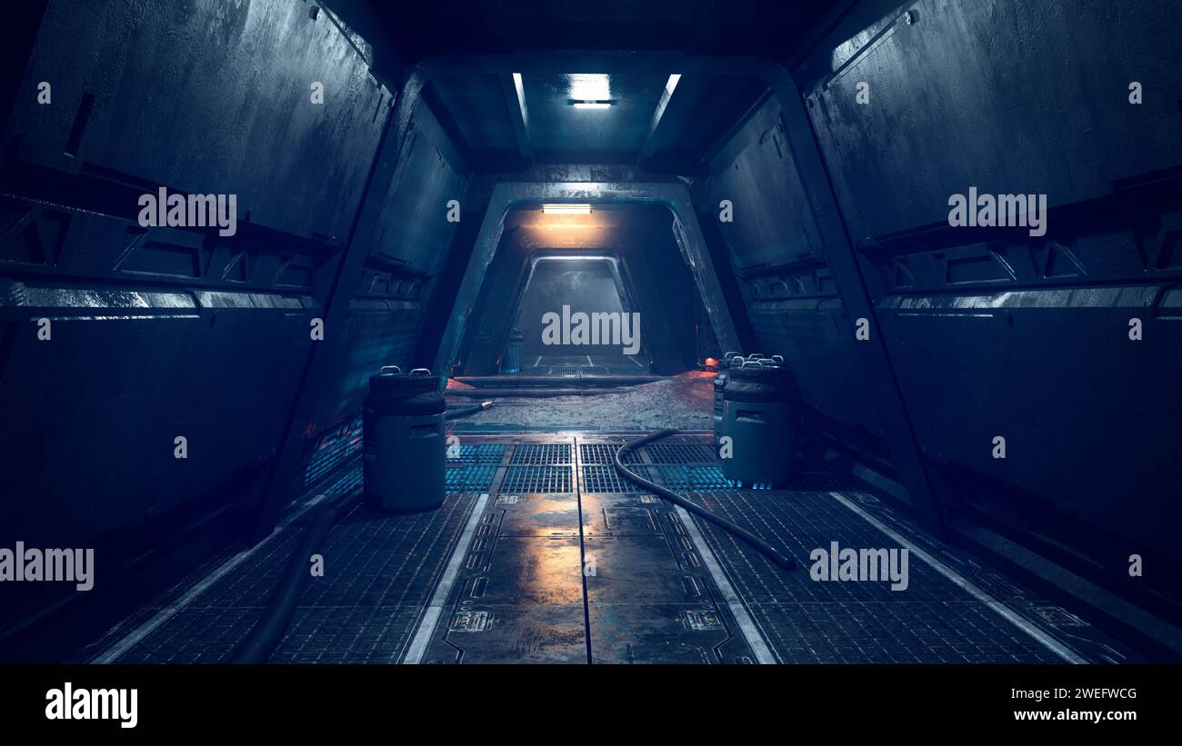 Dark science fiction tunnel in a fantasy alien planet outpost at night ...