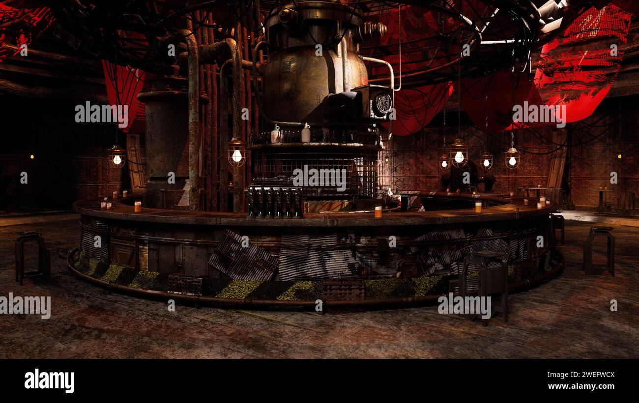 Dark grungy dystopian future drinking bar on a fantasy alien planet. 3D ...