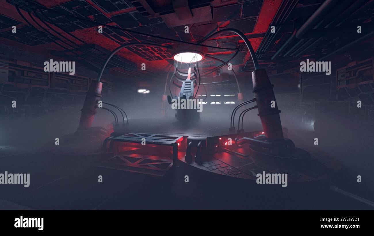 Dark sinister examination lab on a fantasy alien space ship. 3D ...