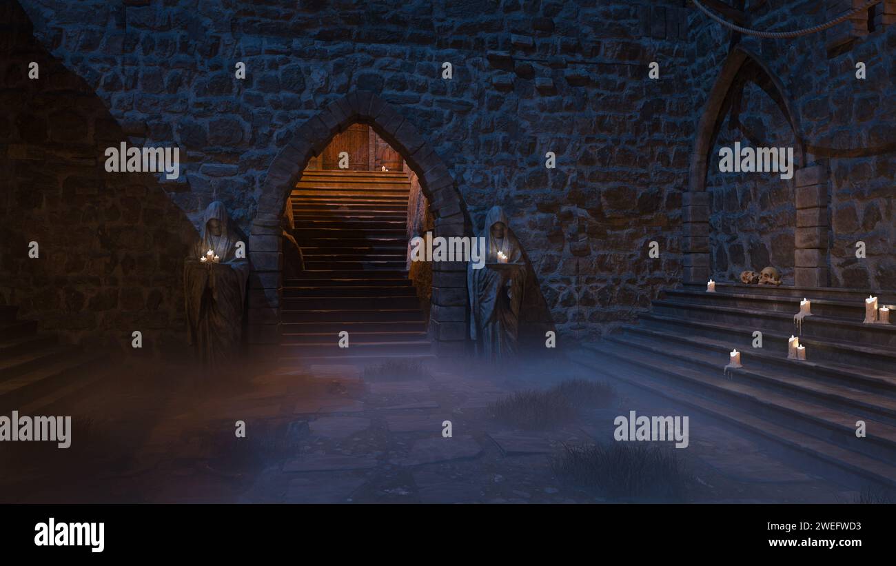 Dark creepy gothic medieval castle doorway with stone statues outside ...