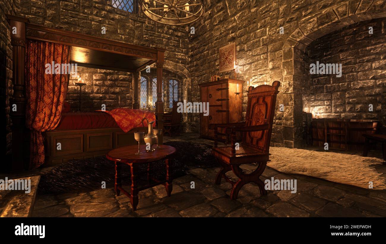 Chair and table with drinks in an old medieval castle bedroom. 3D ...
