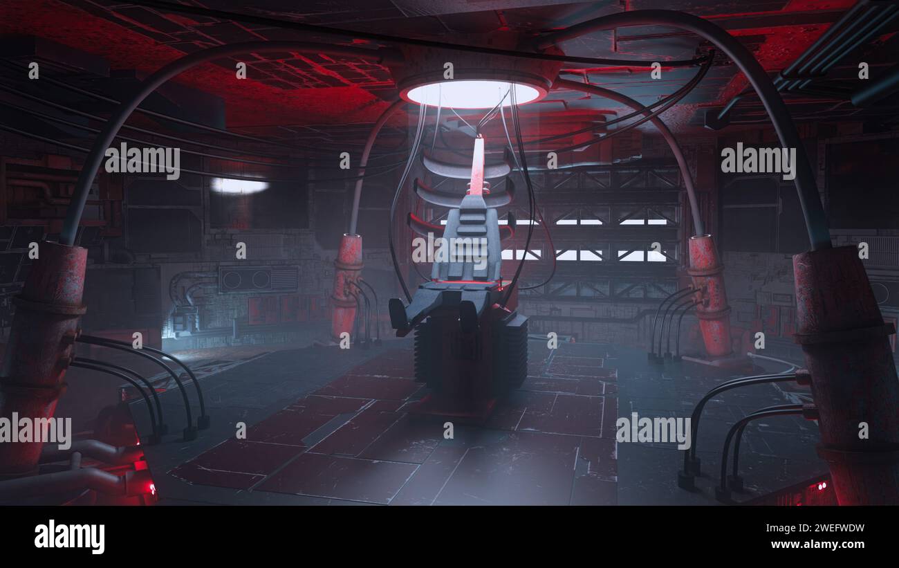 Alien abduction examination chair in a dark sinister space ship. 3D ...