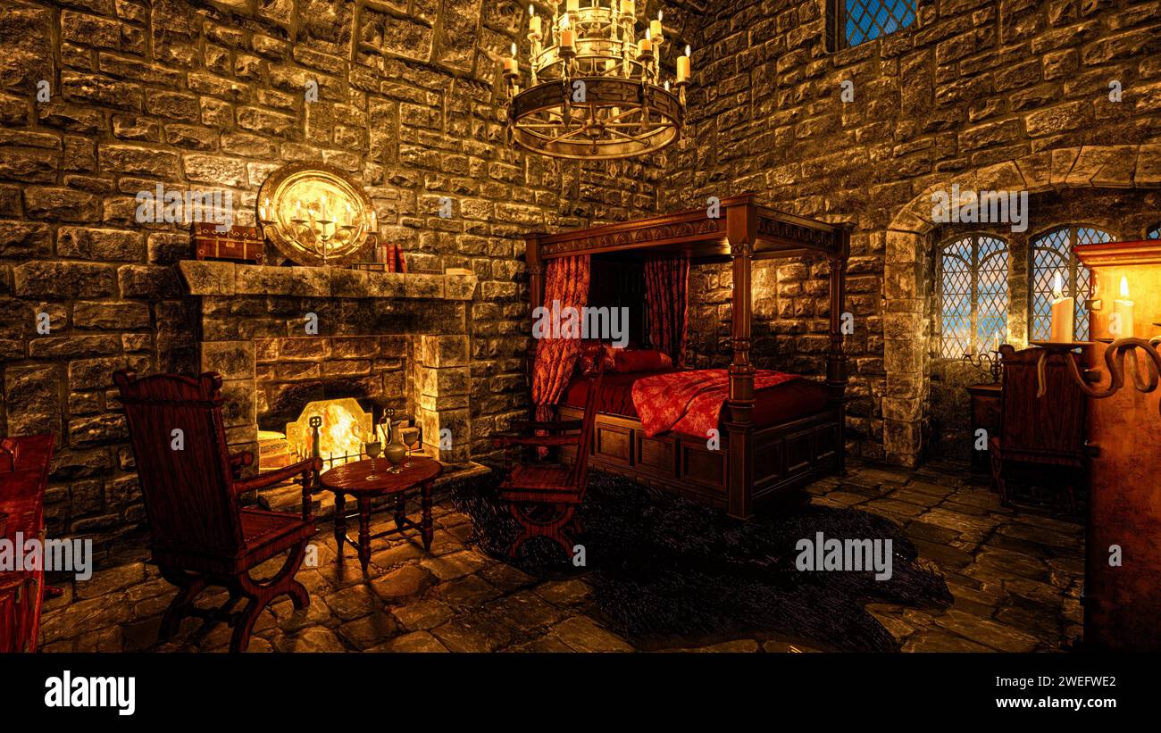 3D render of a medieval castle bedroom with open fireplace and four ...