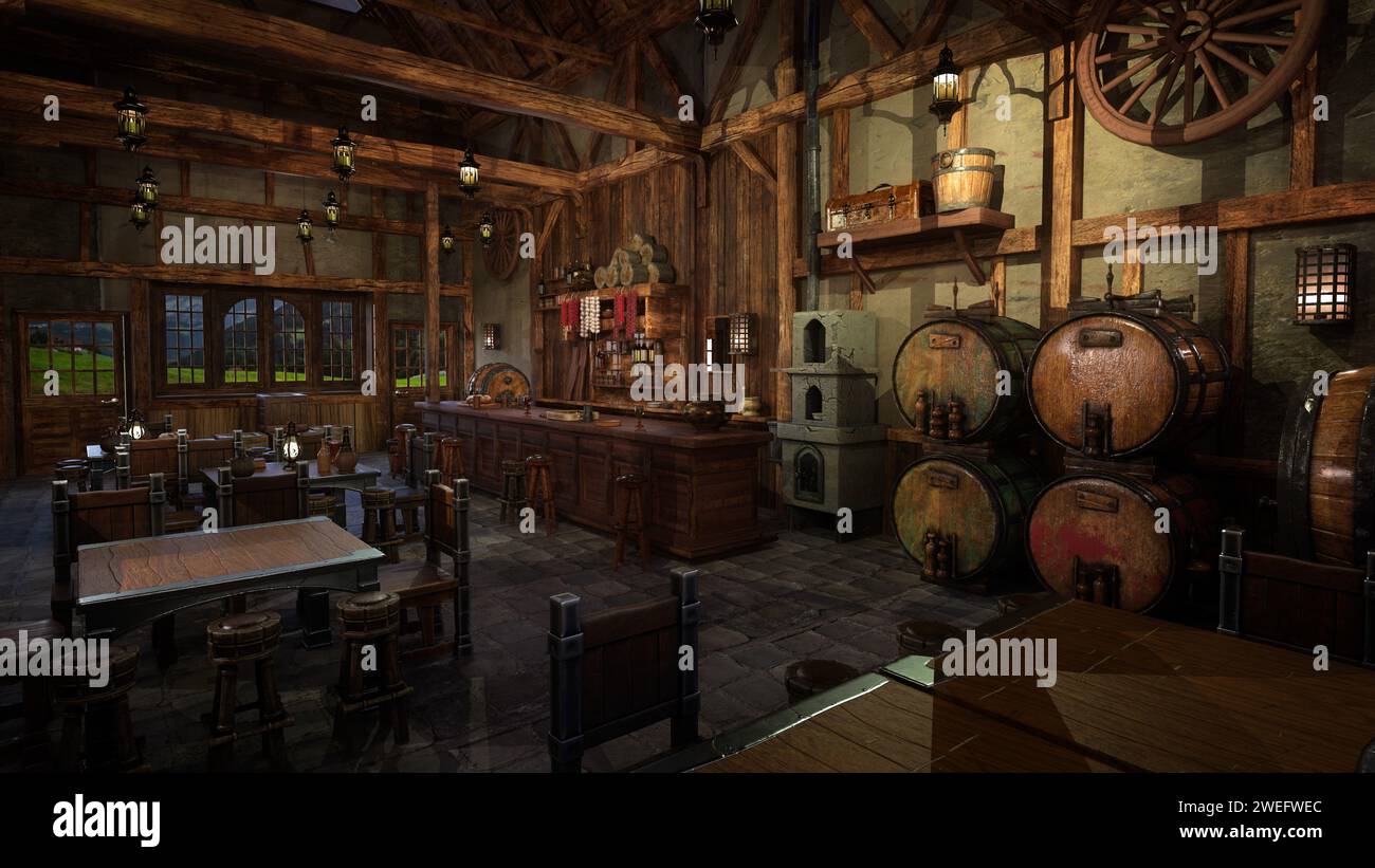 Medieval inn bar with food and drink on tables and daylight through a ...