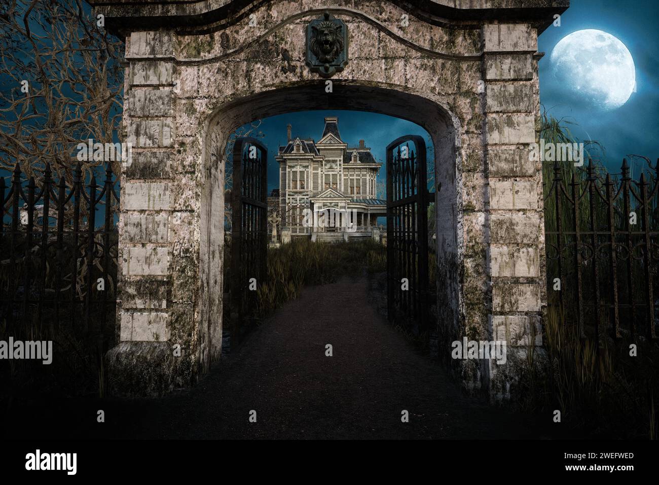 Entrance gateway to an old abandoned Victorian mansion house under a ...