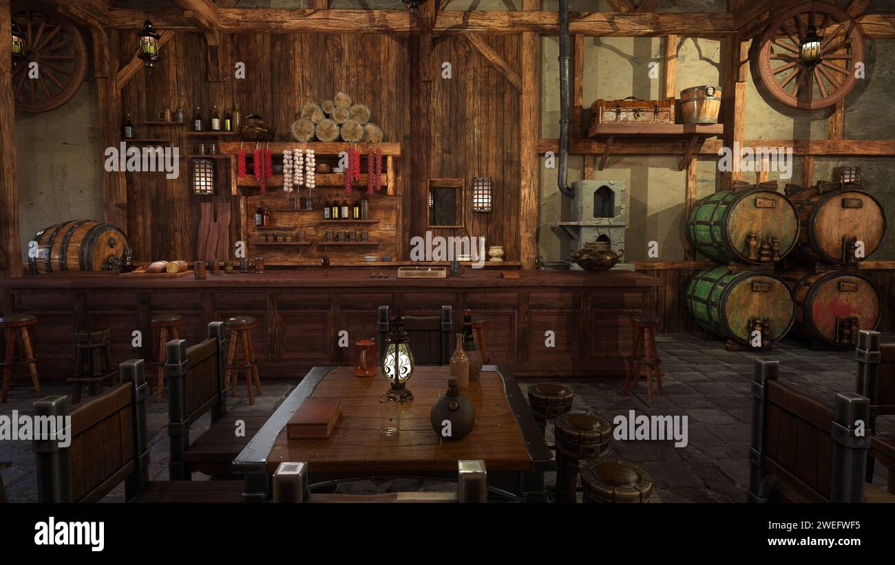 Dining table and bar in an old medieval tavern inn. 3D rendering Stock ...