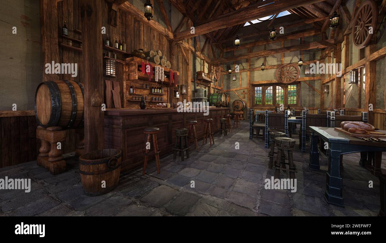 Old medieval tavern with barstools by the bar and food on tables. 3D ...