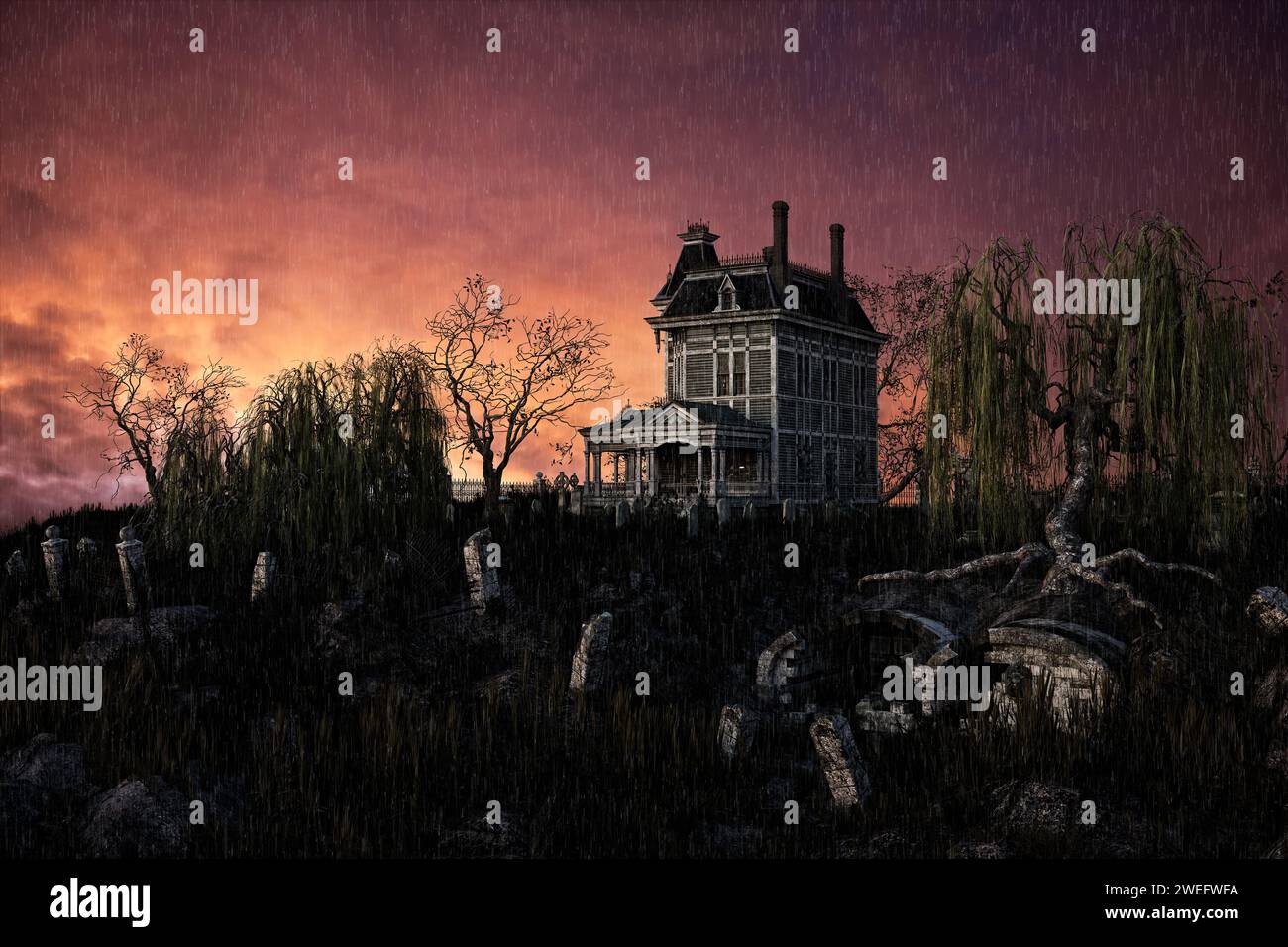 Old creepy Victorian house on a hill in the rain with dramatic sky in ...