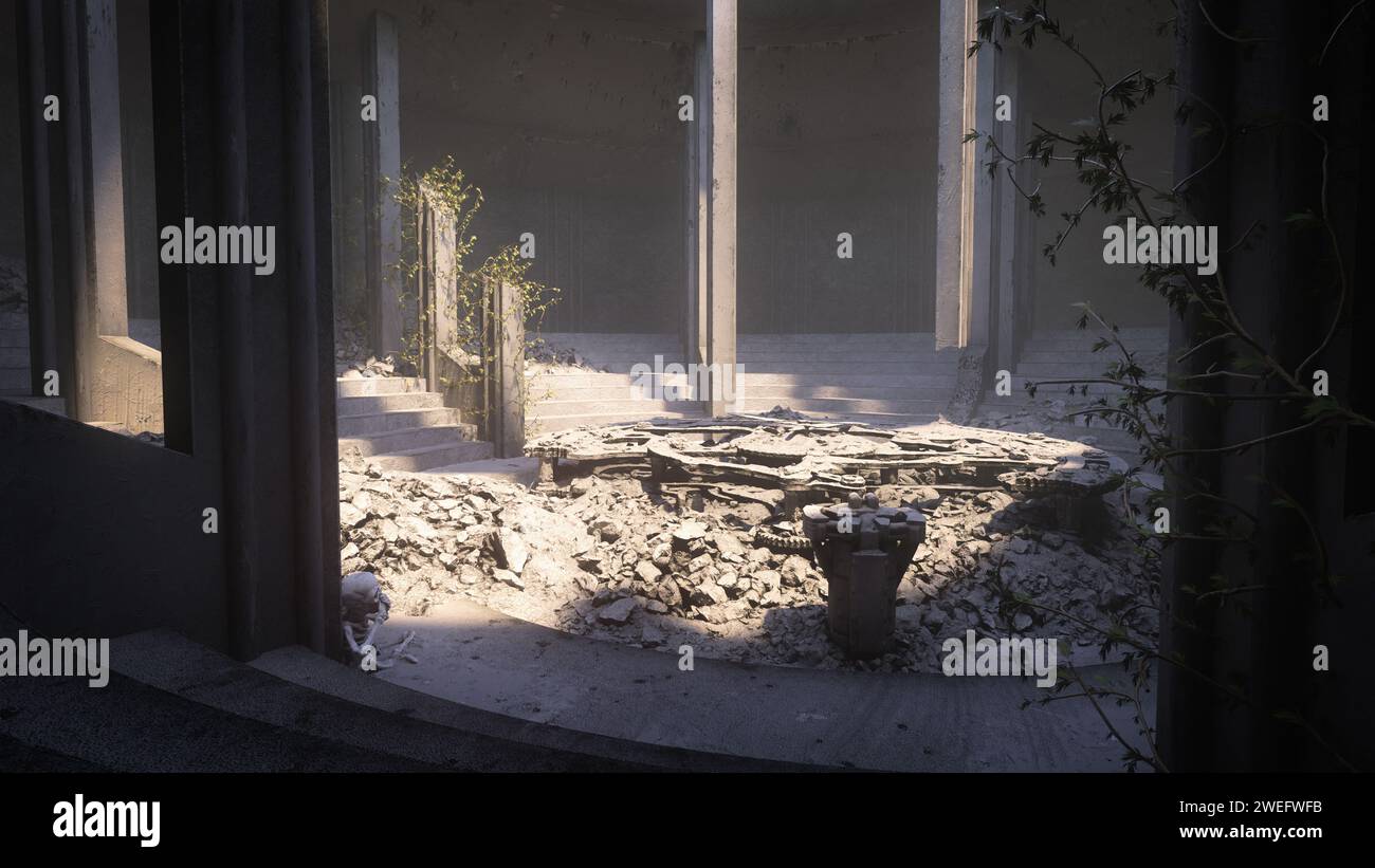 Old ruined fantasy alien building with broken machinery surrounded by ...