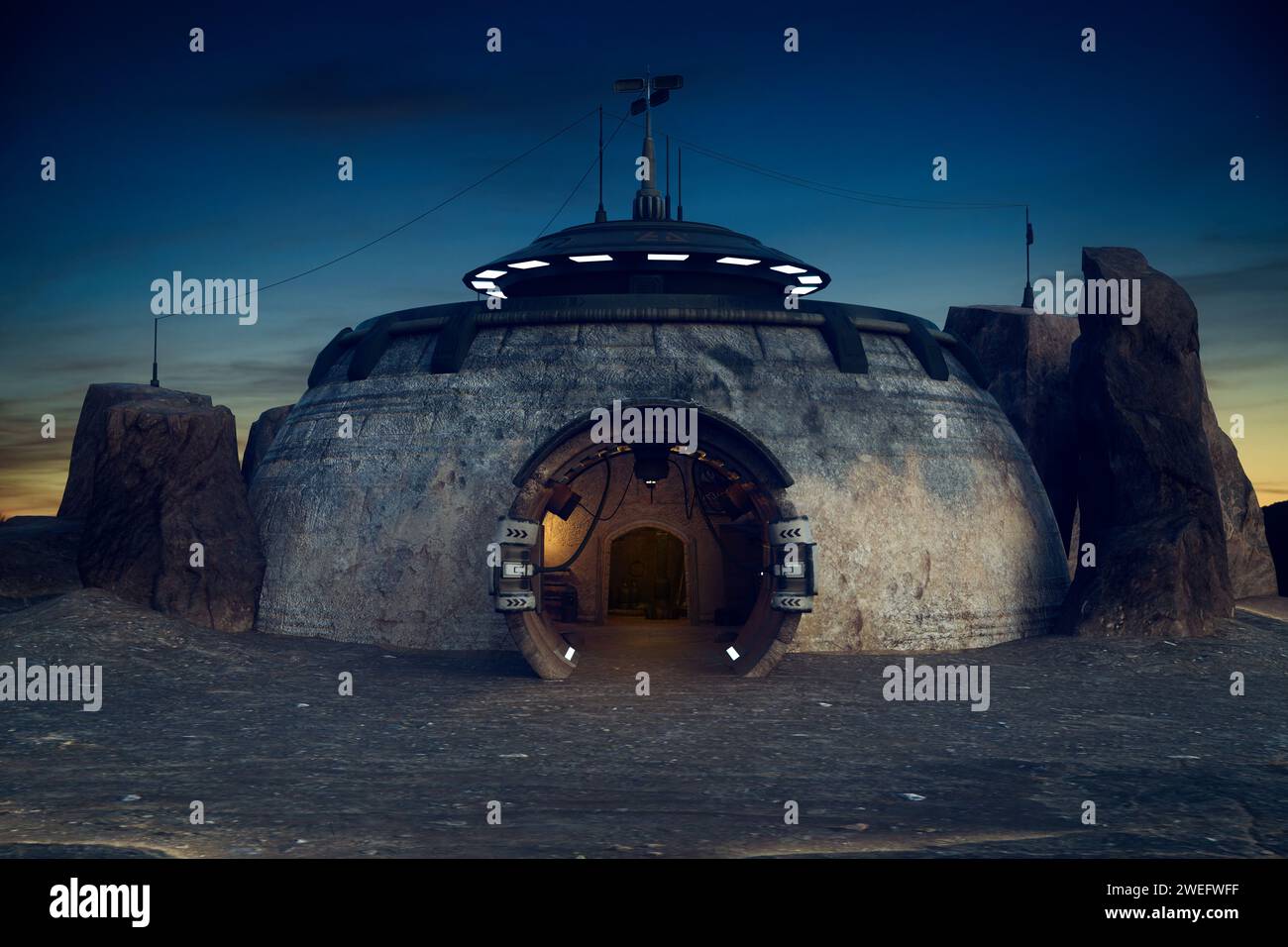 Science fiction dome shaped building on a fantasy alien desert planet ...