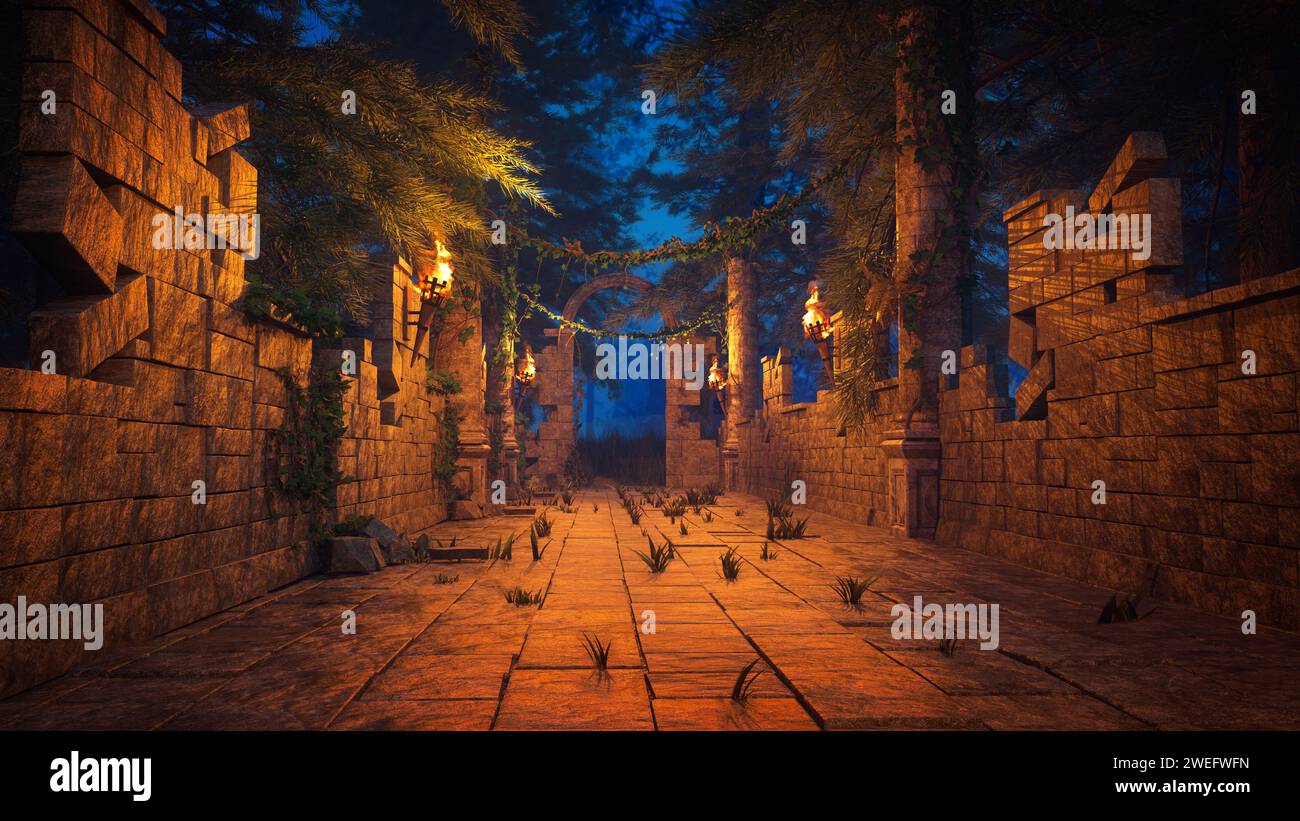 Fantasy ancient stone ruins in a jungle at night lit by fire torches on ...