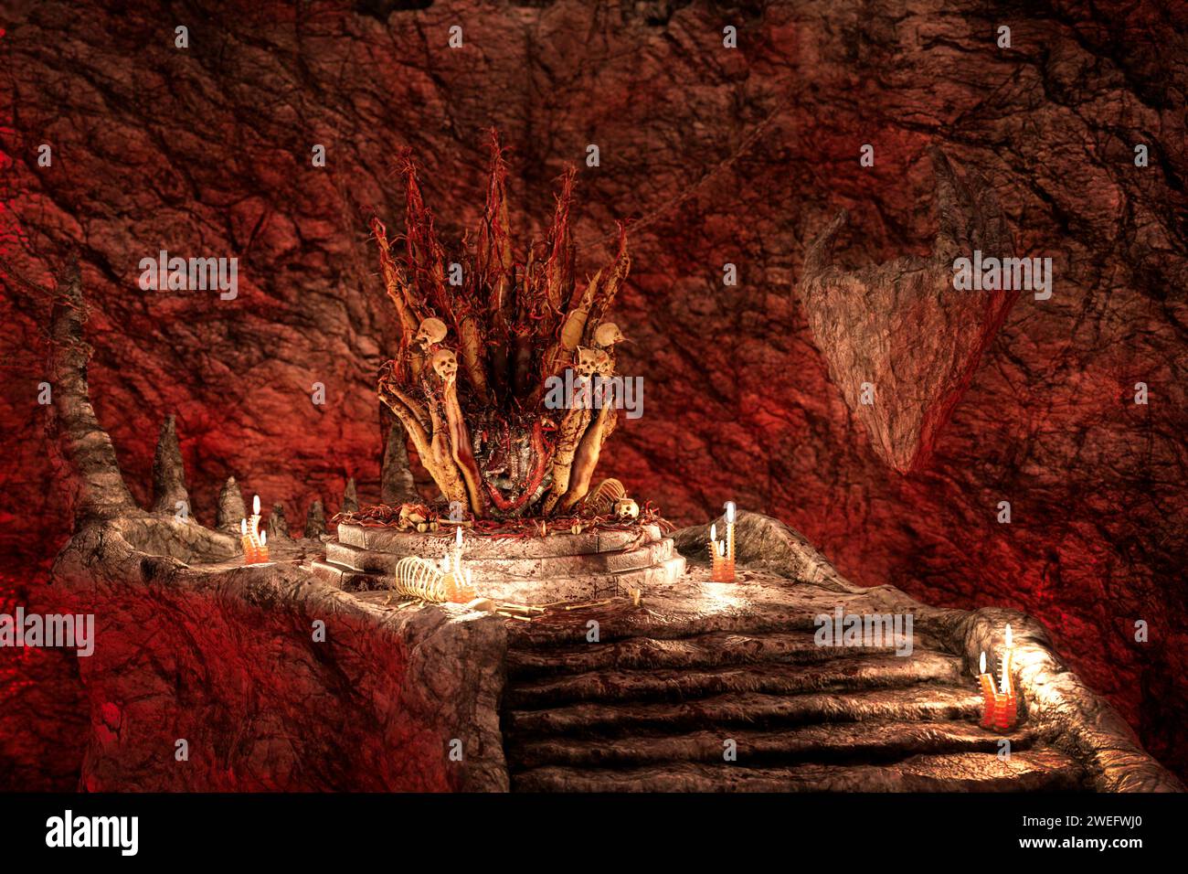 Demon or devil throne of wooden thorns surrounded by bones in an ...