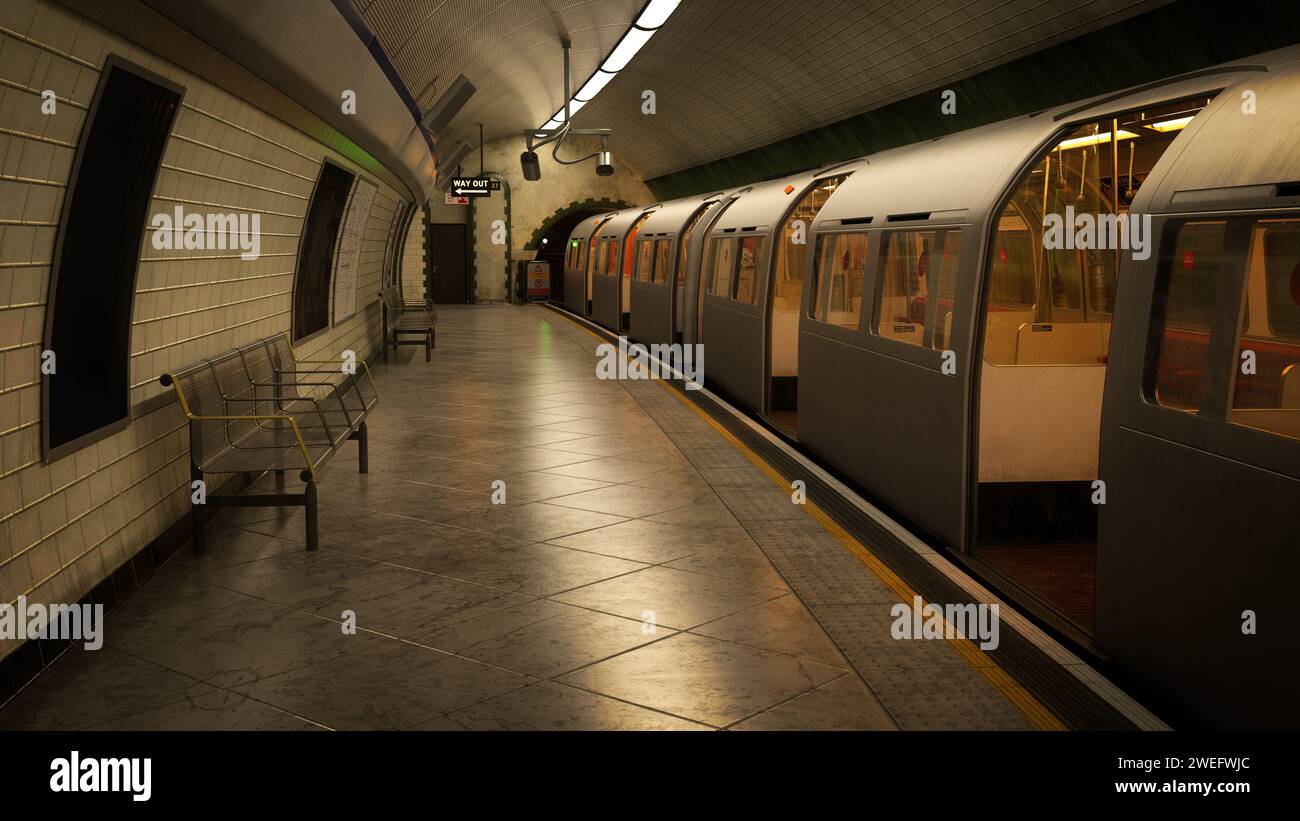 Underground train station platform with train doors open for boarding ...