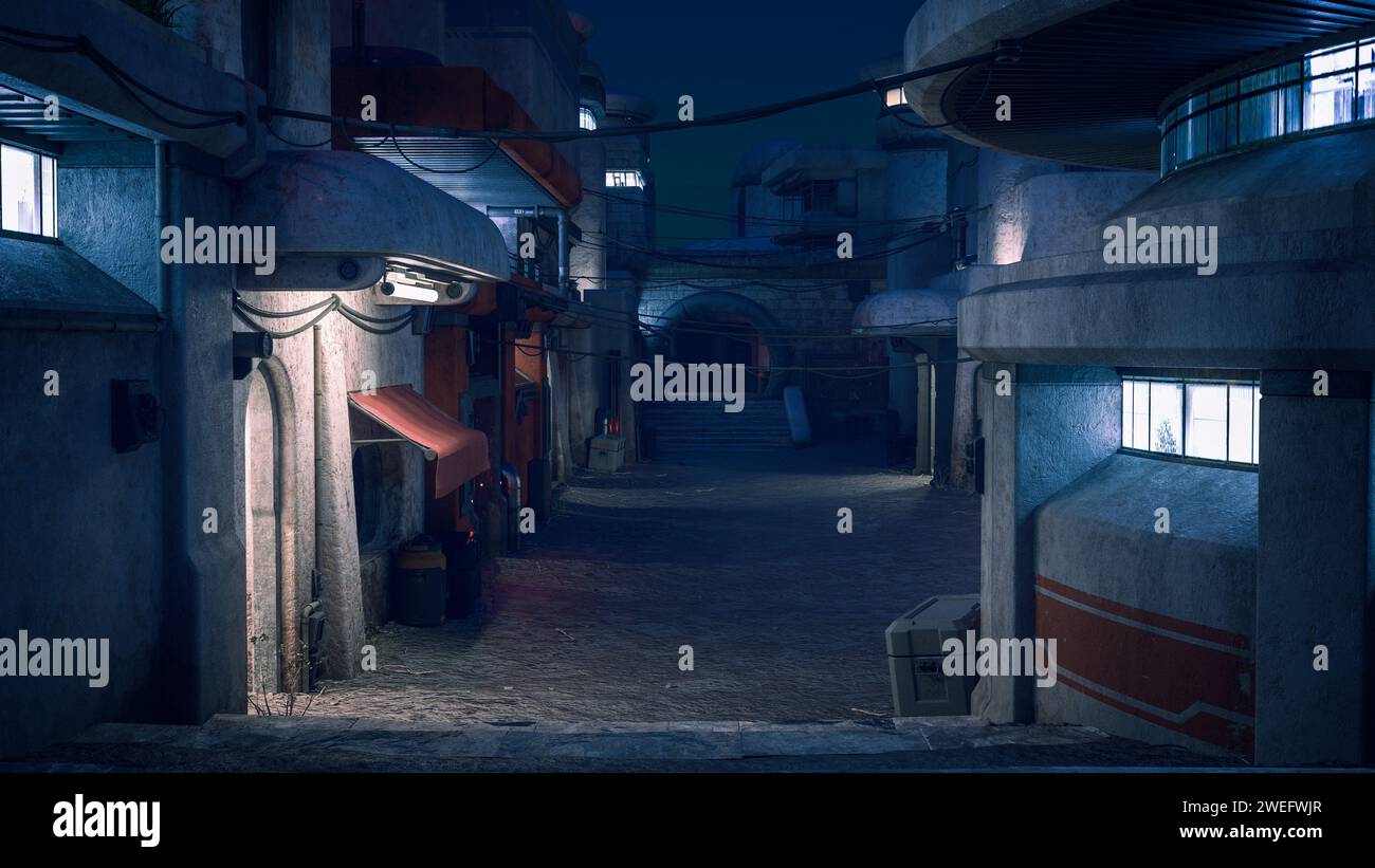 Dark street in a fantasy future cyberpunk city on an alien desert ...