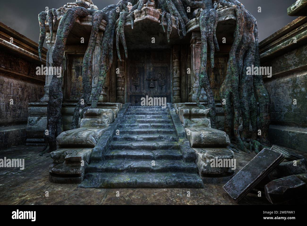 Fantasy ancient temple entrance with stone steps leading to a heavy ...