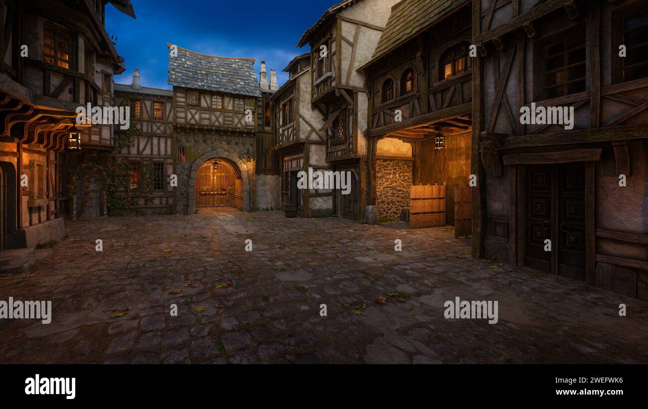 Fantasy medieval village street in the evening. 3D illustration Stock ...