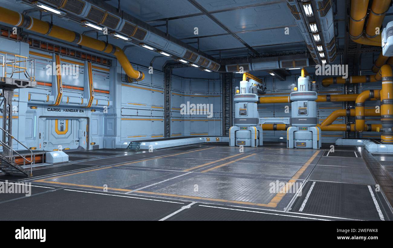 Large futuristic sci-fi space station hangar interior. 3D illustration ...