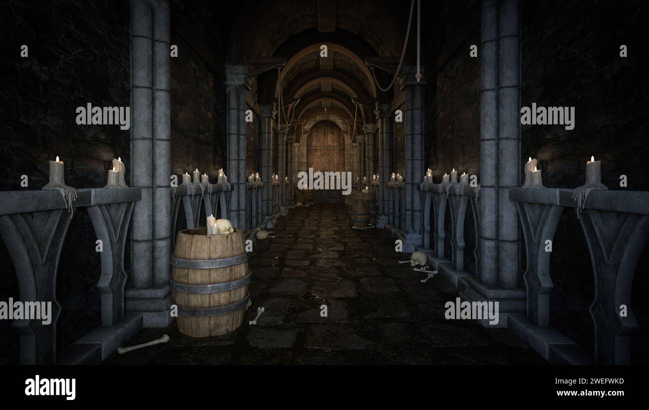 Dark grungy corridor leading to a closed wooden door in a medieval ...