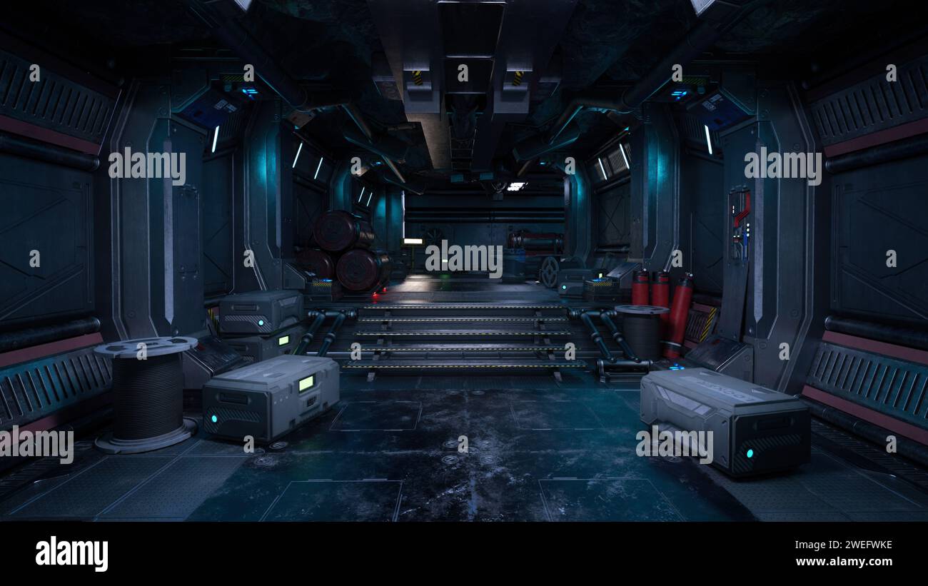 Futuristic corridor in a fantasy sci-fi underground outpost. Science ...