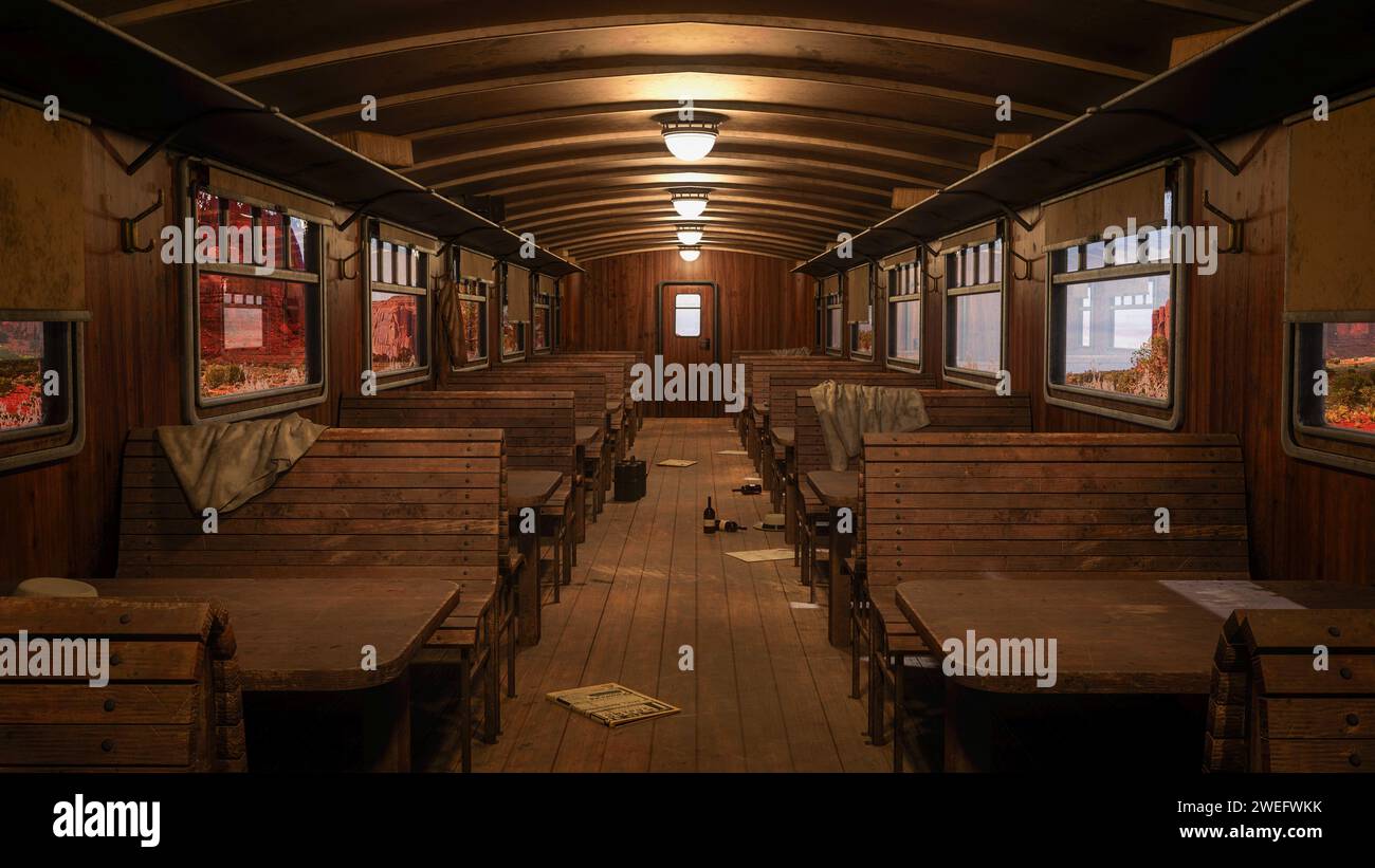 Inside an old wild west railway train passenger carriage. 3D ...