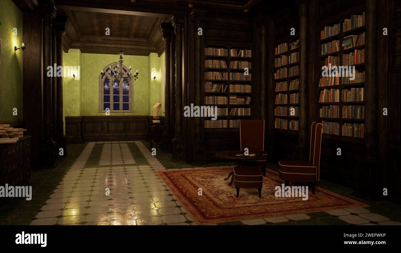 3D illustration of an old gothic styled library interior with bookcases ...