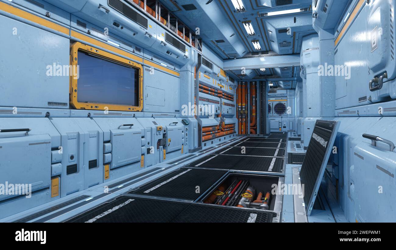 Corridor inside a futuristic sci-fi space station building with exposed ...