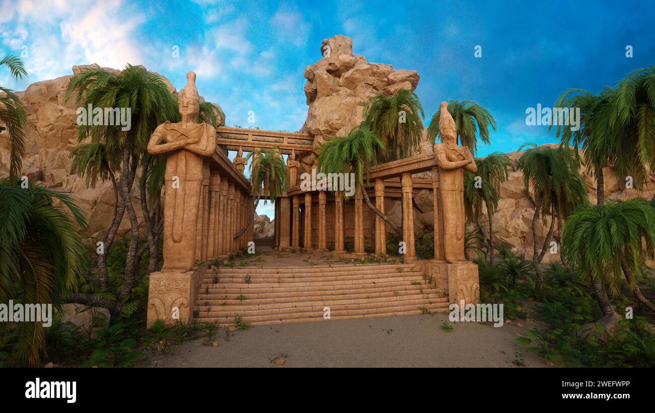 Ancient fantasy temple ruin surrounded by palm trees. 3D illustration ...