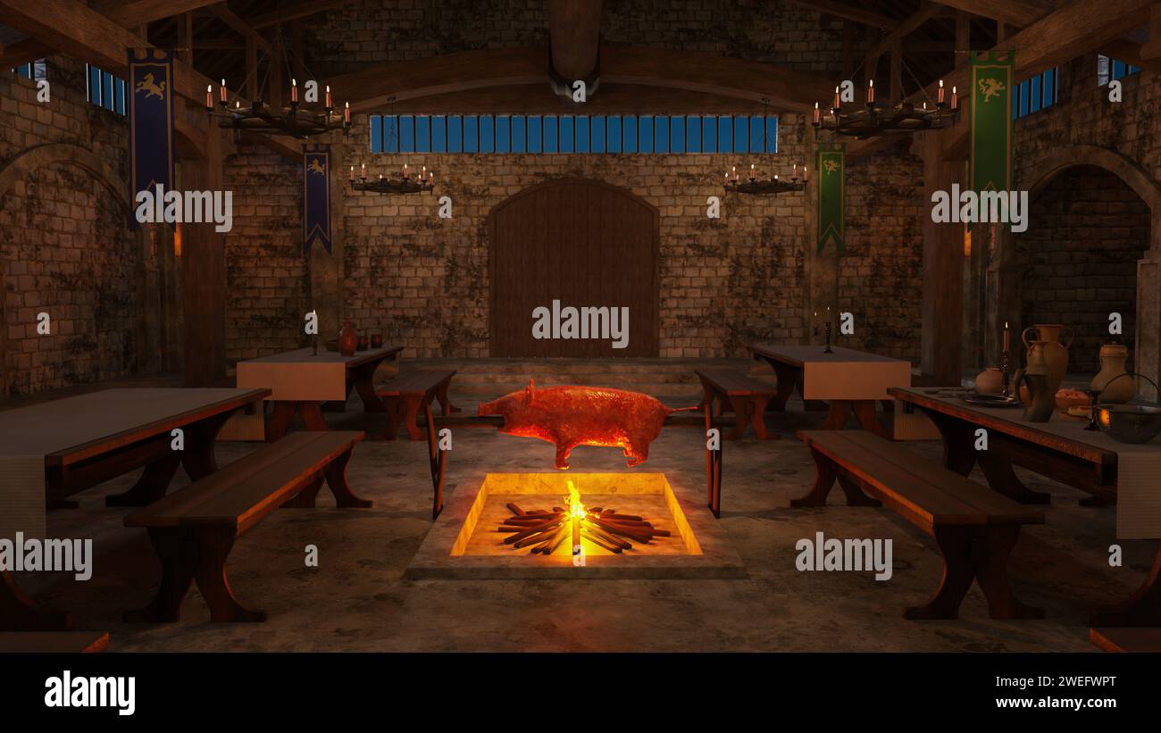 Hog roasting over an open fire in a medieval Viking dinner hall. 3D ...