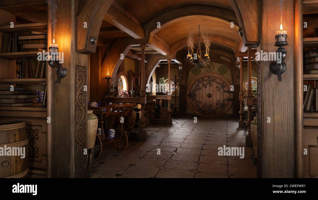 Entrance hallway of a small cosy fantasy halfling house with wooden ...