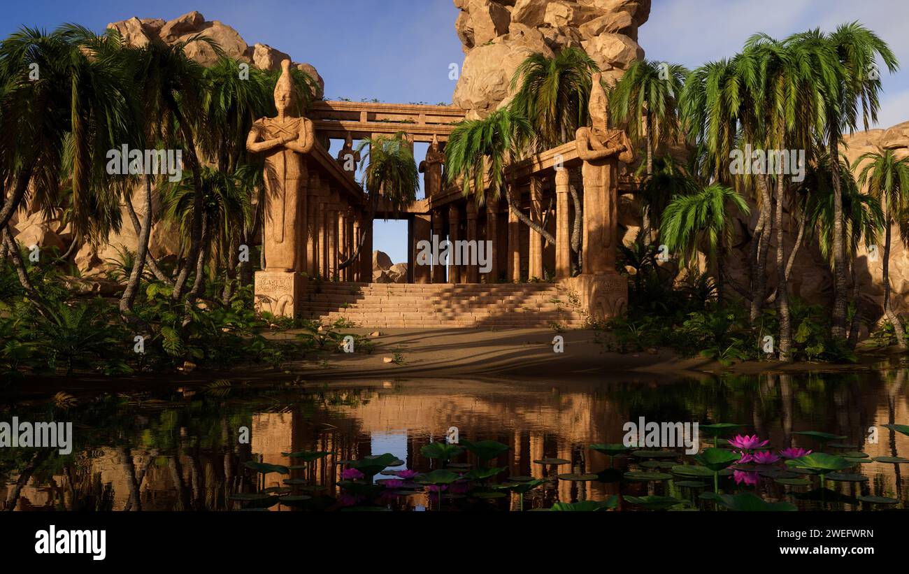 Ancient fantasy temple with large stone statues and columns next to a ...