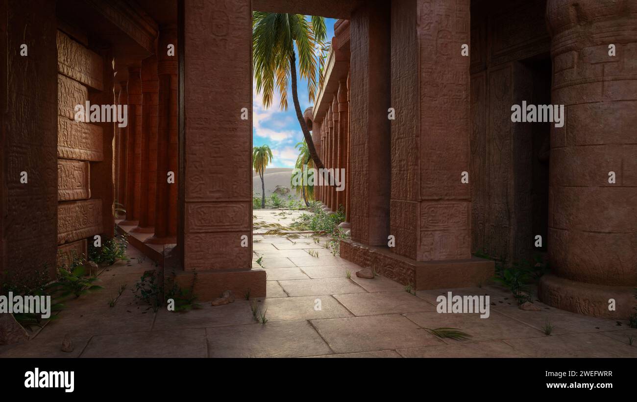 Fantasy ancient Egyptian temple with light casting shadows through an ...