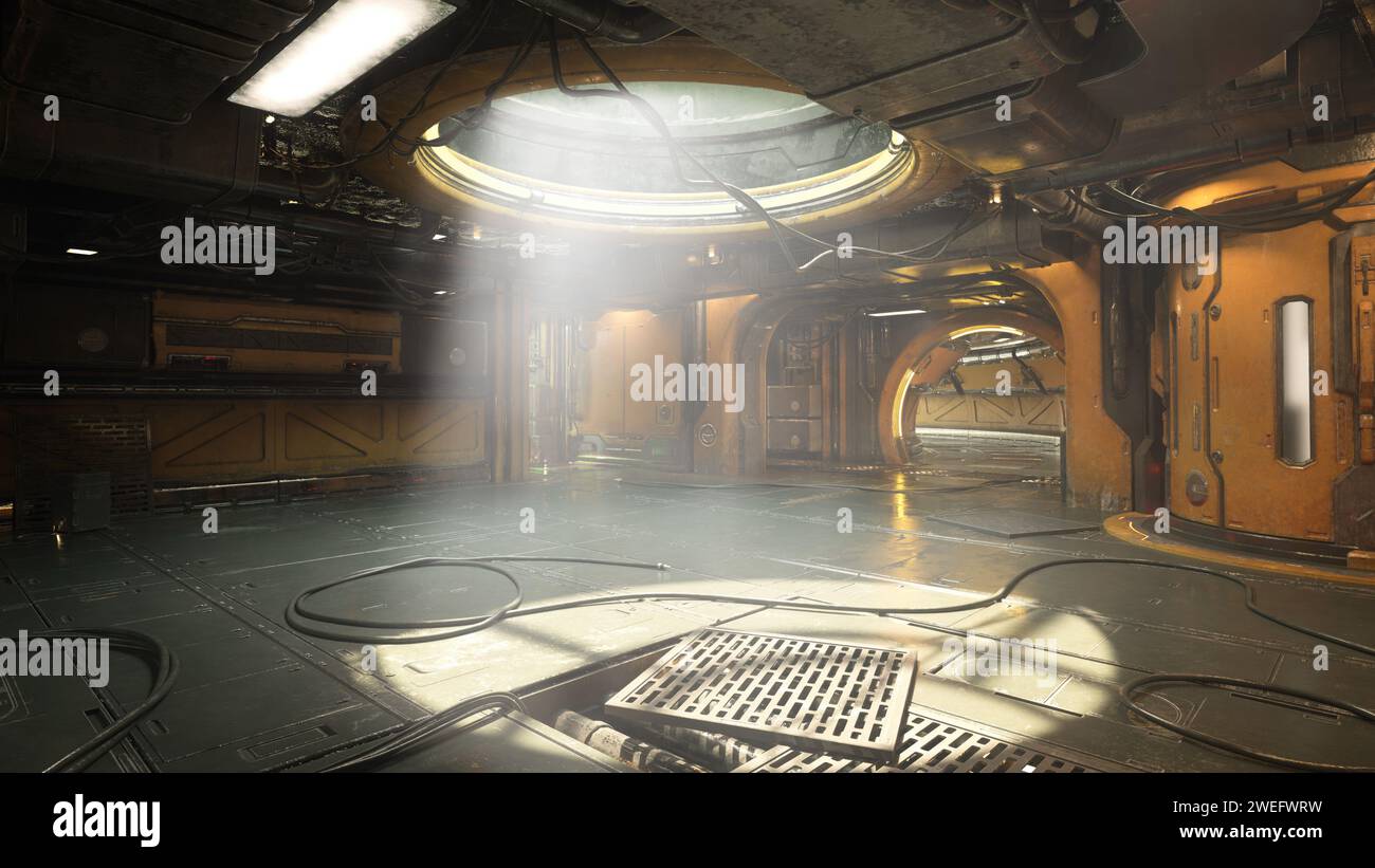 Science fiction dystopian future environment concept underground tunnel with light rays shining ...