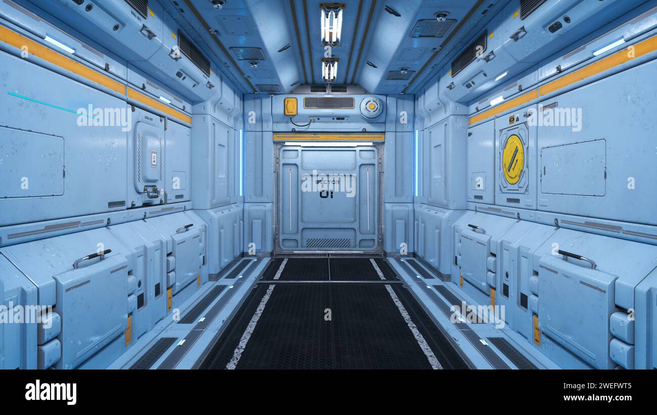 Futuristic corridor with blue metallic walls in a sci-fi fantasy space ...