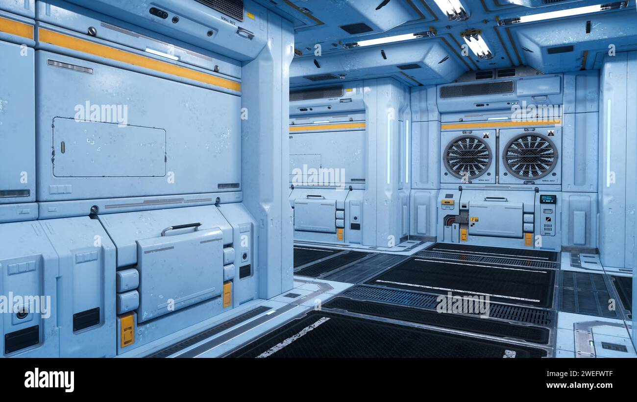 Interior corridor of a futuristic cyberpunk industrial building. 3D ...