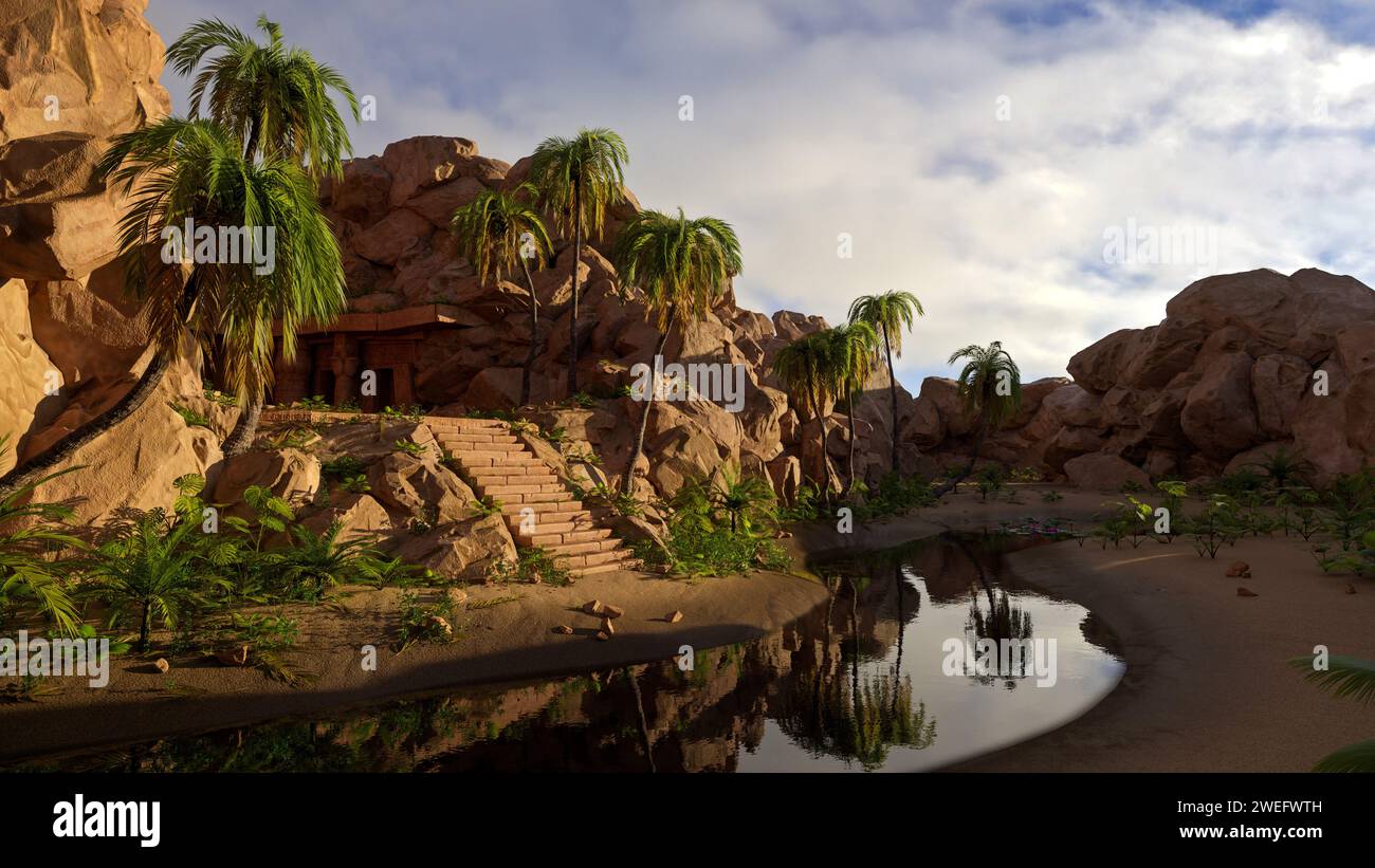 Steps leading down to a river from an old ruined fantasy temple built ...