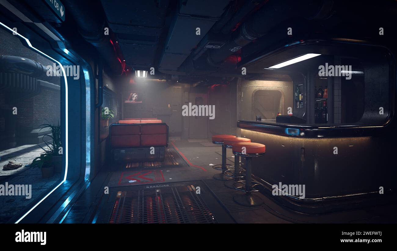 Dark moody saloon bar on a fantasy alien planet. Cyberpunk concept ...