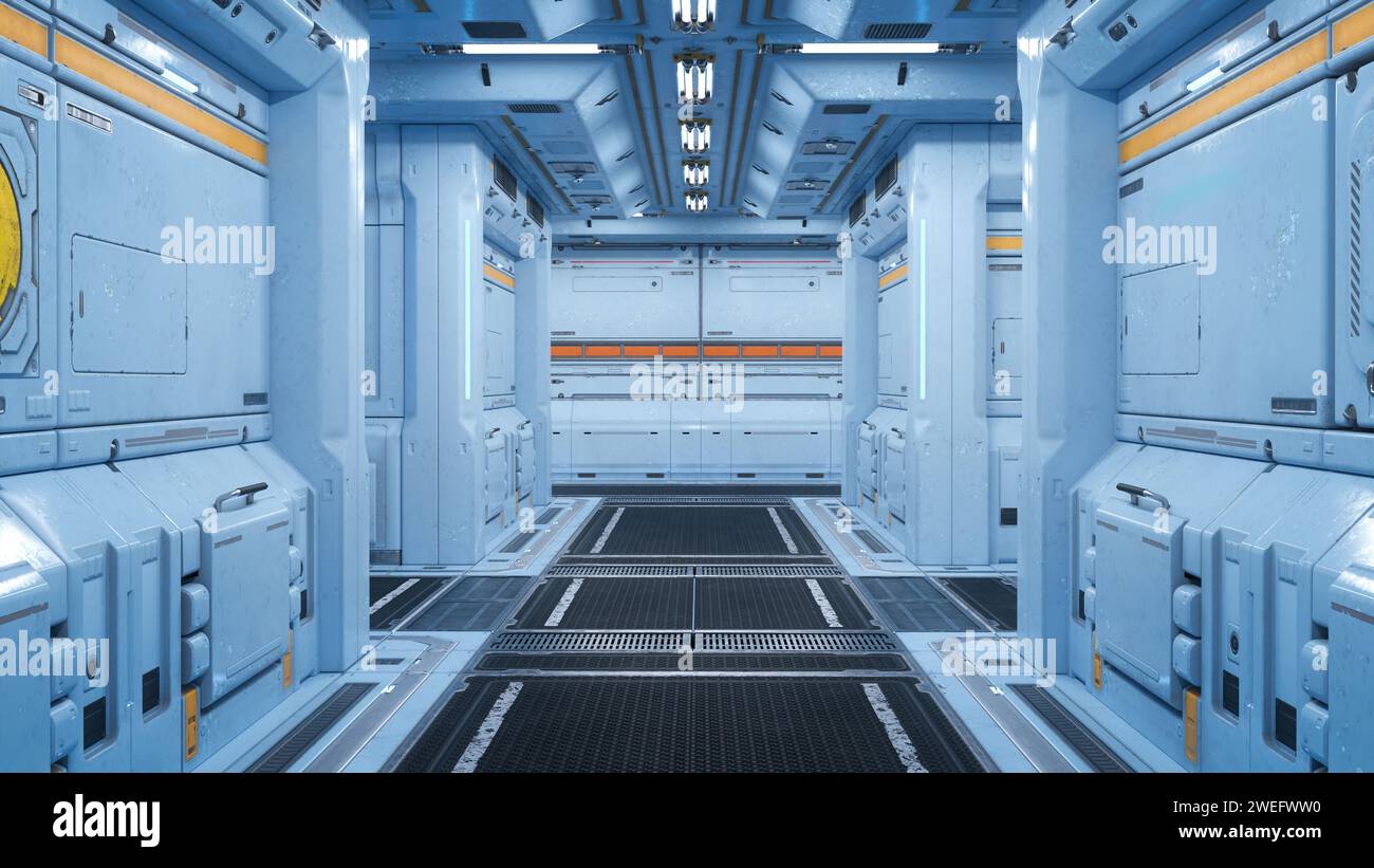 Walkway inside a fantasy futuristic space station. 3D rendering Stock ...